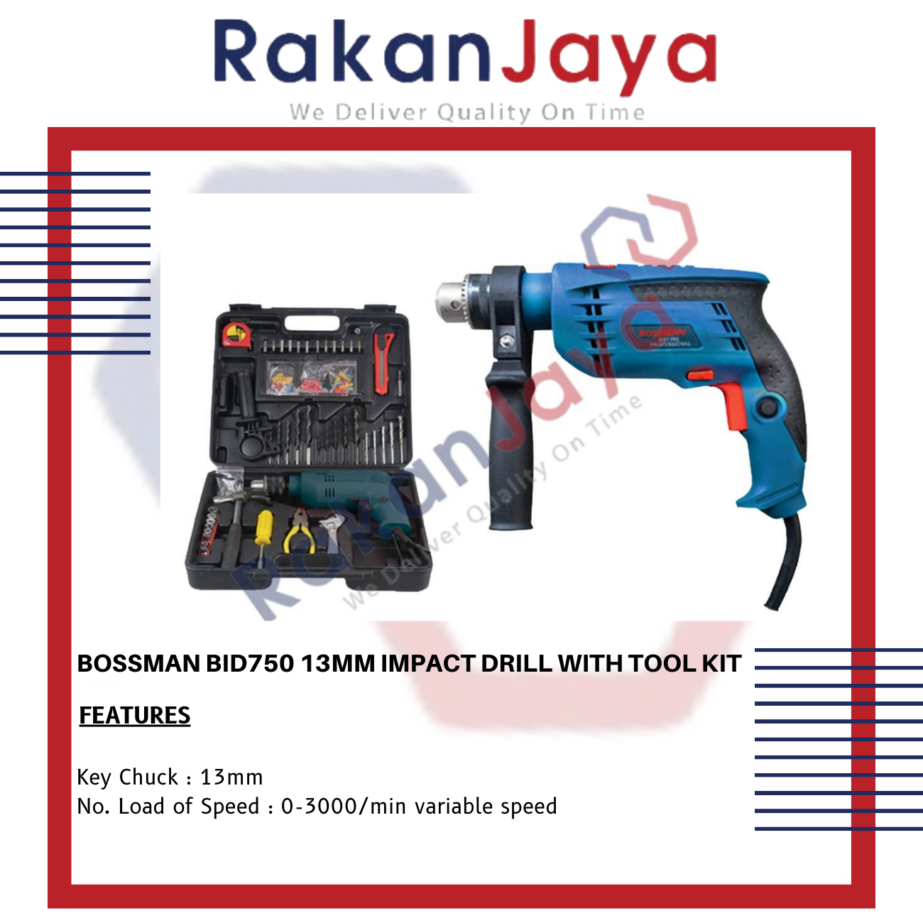 BOSSMAN BID750 13MM IMPACT DRILL WITH TOOL KIT – Rakan Jaya Hardware